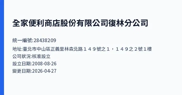 全家便利商店股份有限公司復林分公司的照片-統編 28438209(臺北市) 公司登記資料與營業項目詳細圖表