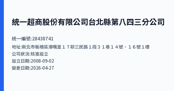 統一超商股份有限公司台北縣第八四三分公司的照片-統編 28438741(新北市) 公司登記資料與營業項目詳細圖表