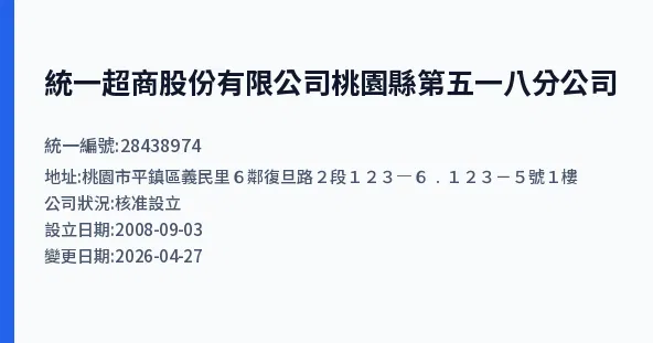 統一超商股份有限公司桃園縣第五一八分公司的照片-統編 28438974(桃園市) 公司登記資料與營業項目詳細圖表
