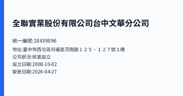 全聯實業股份有限公司台中文華分公司的照片-統編 28439896(臺中市) 公司登記資料與營業項目詳細圖表