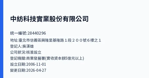 中紡科技實業股份有限公司的照片-統編 28440296(臺北市) 公司登記資料與營業項目詳細圖表