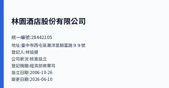 林園酒店股份有限公司的照片-統編 28442105(臺中市) 公司登記資料與營業項目詳細圖表