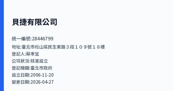 貝捷有限公司的照片-統編 28446799(臺北市) 公司登記資料與營業項目詳細圖表
