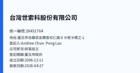 台灣世索科股份有限公司的照片-統編 28451764(臺北市) 公司登記資料與營業項目詳細圖表