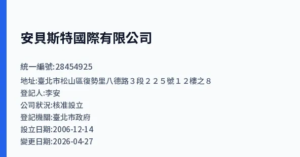 安貝斯特國際有限公司的照片-統編 28454925(臺北市) 公司登記資料與營業項目詳細圖表