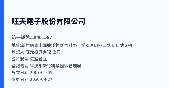 旺天電子股份有限公司的照片-統編 28461587(新竹縣) 公司登記資料與營業項目詳細圖表