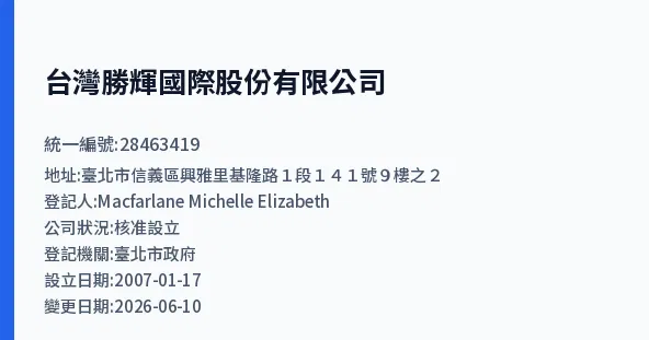 台灣勝輝國際股份有限公司的照片-統編 28463419(臺北市) 公司登記資料與營業項目詳細圖表