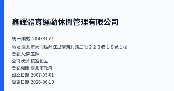 鑫輝體育運動休閒管理有限公司的照片-統編 28473177(臺北市) 公司登記資料與營業項目詳細圖表