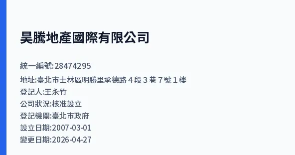 昊騰地產國際有限公司的照片-統編 28474295(臺北市) 公司登記資料與營業項目詳細圖表