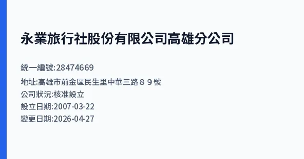 永業旅行社股份有限公司高雄分公司的照片-統編 28474669(高雄市) 公司登記資料與營業項目詳細圖表