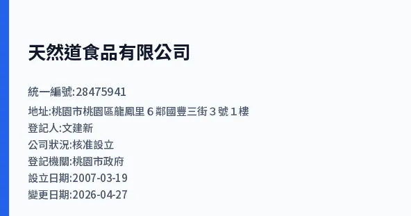 天然道食品有限公司的照片-統編 28475941(桃園市) 公司登記資料與營業項目詳細圖表