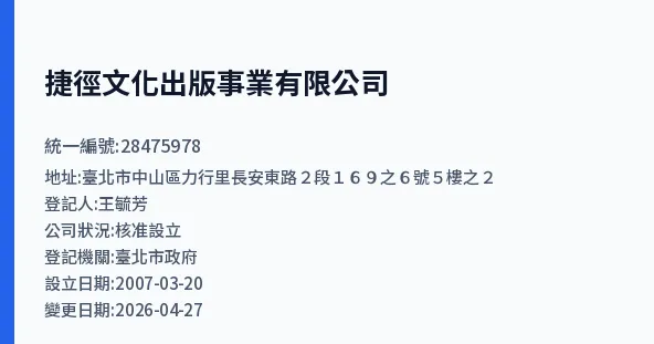 捷徑文化出版事業有限公司的照片-統編 28475978(臺北市) 公司登記資料與營業項目詳細圖表