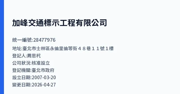 加峰交通標示工程有限公司的照片-統編 28477976(臺北市) 公司登記資料與營業項目詳細圖表