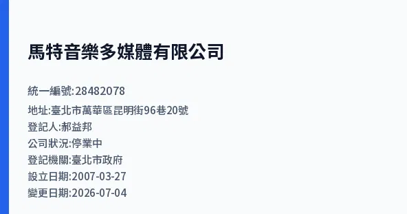 馬特音樂多媒體有限公司的照片-統編 28482078(臺北市) 公司登記資料與營業項目詳細圖表