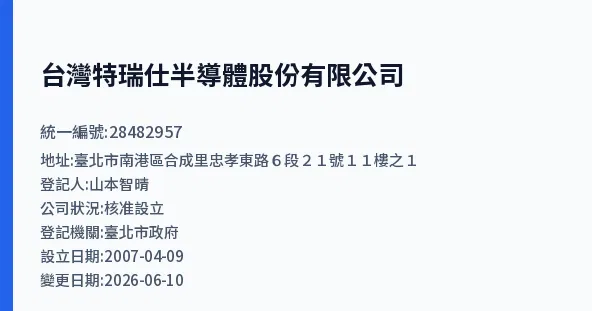 台灣特瑞仕半導體股份有限公司的照片-統編 28482957(臺北市) 公司登記資料與營業項目詳細圖表