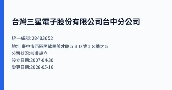 台灣三星電子股份有限公司台中分公司的照片-統編 28483652(臺中市) 公司登記資料與營業項目詳細圖表