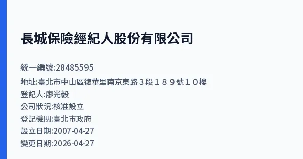 長城保險經紀人股份有限公司的照片-統編 28485595(臺北市) 公司登記資料與營業項目詳細圖表
