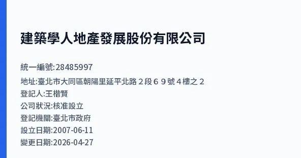 建築學人地產發展股份有限公司的照片-統編 28485997(臺北市) 公司登記資料與營業項目詳細圖表