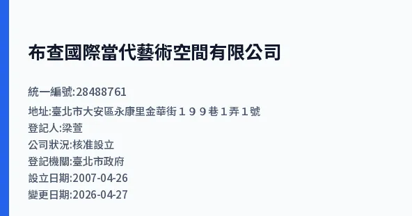 布查國際當代藝術空間有限公司的照片-統編 28488761(臺北市) 公司登記資料與營業項目詳細圖表
