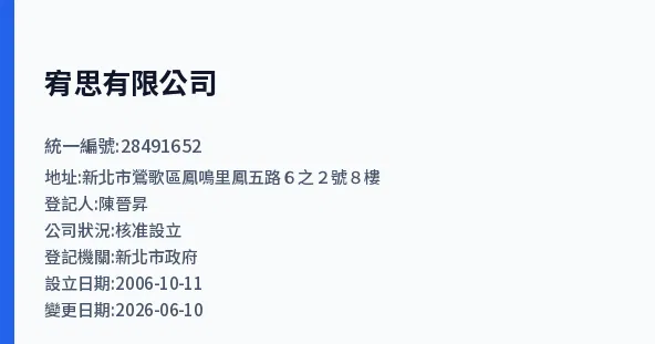 宥思有限公司的照片-統編 28491652(新北市) 公司登記資料與營業項目詳細圖表