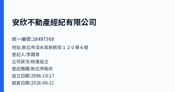安欣不動產經紀有限公司的照片-統編 28497369(新北市) 公司登記資料與營業項目詳細圖表