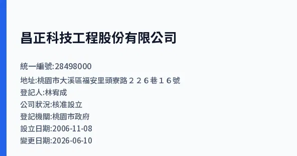 昌正科技工程股份有限公司的照片-統編 28498000(桃園市) 公司登記資料與營業項目詳細圖表