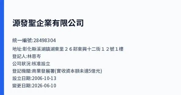 源發聖企業有限公司的照片-統編 28498304(彰化縣) 公司登記資料與營業項目詳細圖表