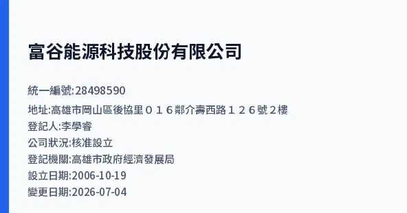 富谷能源科技股份有限公司的照片-統編 28498590(高雄市) 公司登記資料與營業項目詳細圖表