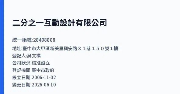二分之一互動設計有限公司的照片-統編 28498888(臺中市) 公司登記資料與營業項目詳細圖表