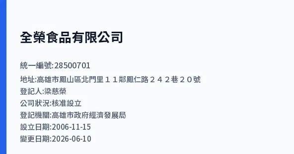 全榮食品有限公司的照片-統編 28500701(高雄市) 公司登記資料與營業項目詳細圖表