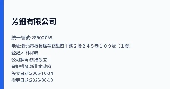 芳鈿有限公司的照片-統編 28500759(新北市) 公司登記資料與營業項目詳細圖表