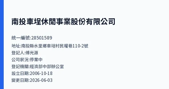 南投車埕休閒事業股份有限公司的照片-統編 28501589(南投縣) 公司登記資料與營業項目詳細圖表