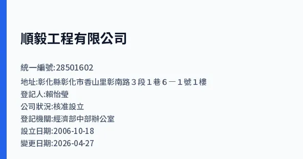 順毅工程有限公司的照片-統編 28501602(彰化縣) 公司登記資料與營業項目詳細圖表