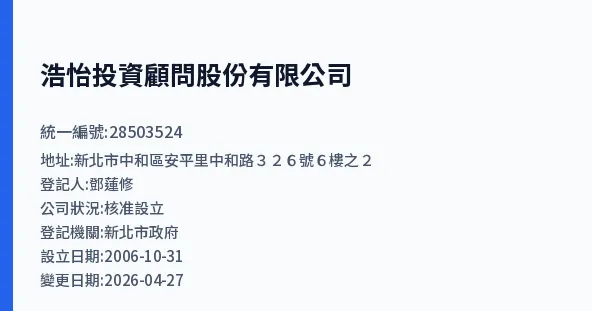浩怡投資顧問股份有限公司的照片-統編 28503524(新北市) 公司登記資料與營業項目詳細圖表