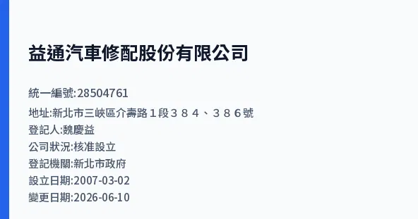益通汽車修配股份有限公司的照片-統編 28504761(新北市) 公司登記資料與營業項目詳細圖表