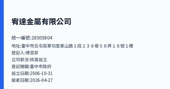 宥達金屬有限公司的照片-統編 28505804(臺中市) 公司登記資料與營業項目詳細圖表