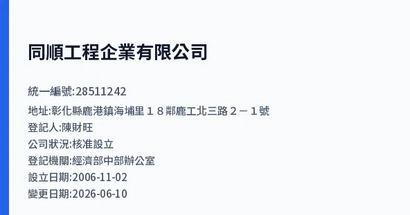 同順工程企業有限公司的照片-統編 28511242(彰化縣) 公司登記資料與營業項目詳細圖表