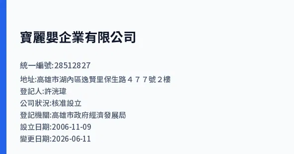 寶麗嬰企業有限公司的照片-統編 28512827(高雄市) 公司登記資料與營業項目詳細圖表