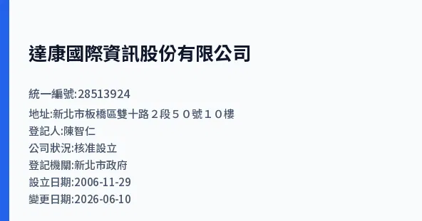 達康國際資訊股份有限公司的照片-統編 28513924(新北市) 公司登記資料與營業項目詳細圖表