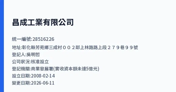 昌成工業有限公司的照片-統編 28516226(彰化縣) 公司登記資料與營業項目詳細圖表