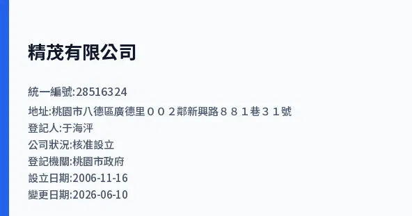 精茂有限公司的照片-統編 28516324(桃園市) 公司登記資料與營業項目詳細圖表