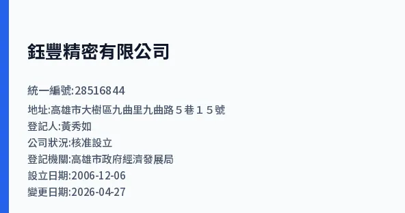 鈺豐精密有限公司的照片-統編 28516844(高雄市) 公司登記資料與營業項目詳細圖表