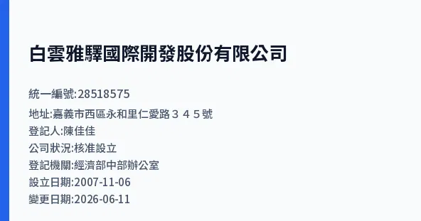 白雲雅驛國際開發股份有限公司的照片-統編 28518575(嘉義市) 公司登記資料與營業項目詳細圖表