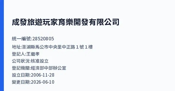 成發旅遊玩家育樂開發有限公司的照片-統編 28520805(澎湖縣) 公司登記資料與營業項目詳細圖表