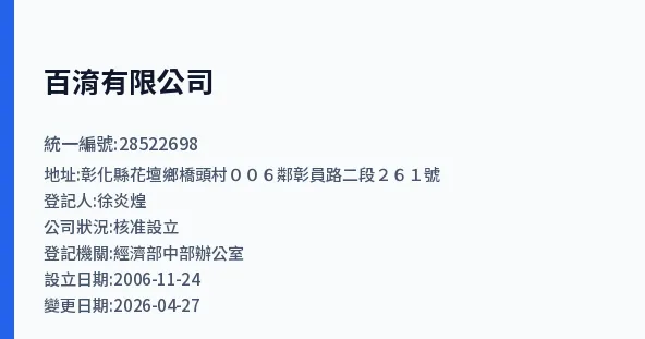 百淯有限公司的照片-統編 28522698(彰化縣) 公司登記資料與營業項目詳細圖表