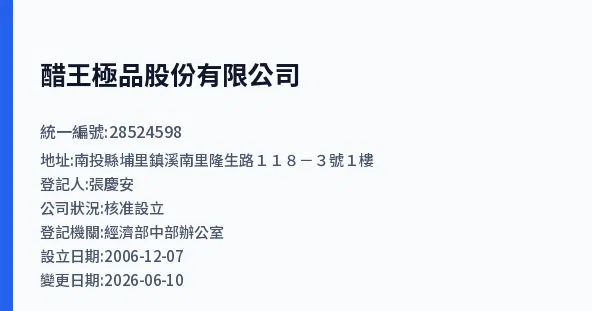 醋王極品股份有限公司的照片-統編 28524598(南投縣) 公司登記資料與營業項目詳細圖表