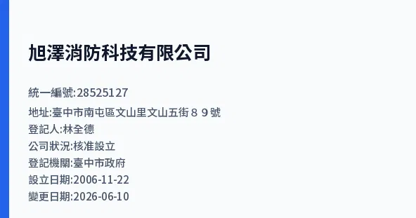 旭澤消防科技有限公司的照片-統編 28525127(臺中市) 公司登記資料與營業項目詳細圖表