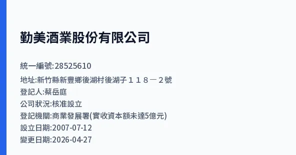 勤美酒業股份有限公司的照片-統編 28525610(新竹縣) 公司登記資料與營業項目詳細圖表