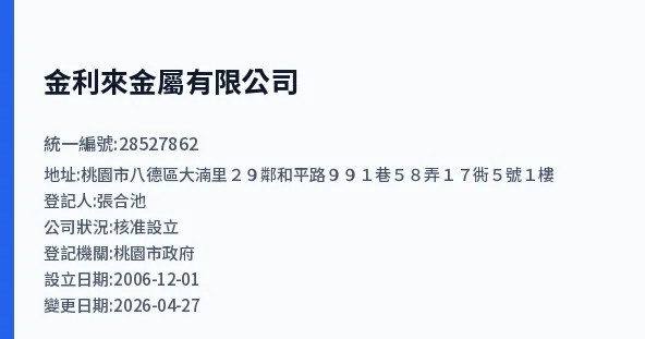 金利來金屬有限公司的照片-統編 28527862(桃園市) 公司登記資料與營業項目詳細圖表