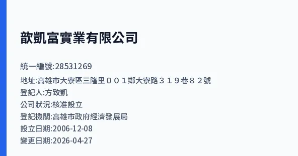 歆凱富實業有限公司的照片-統編 28531269(高雄市) 公司登記資料與營業項目詳細圖表